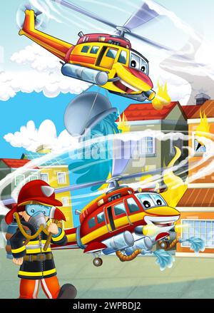cartoon scene with fire fighter machines helicopters illustration for ...
