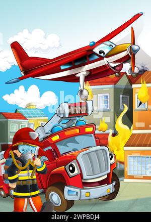 cartoon scene with different fire fighter machines helicopter and fire ...