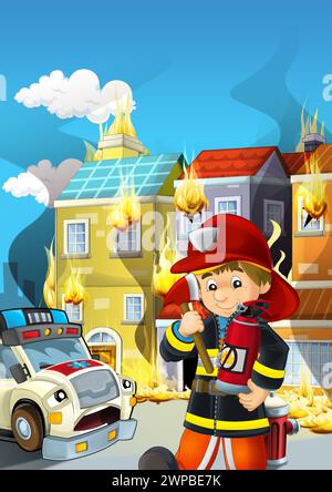 cartoon scene with fireman working near some ambulance and building is ...