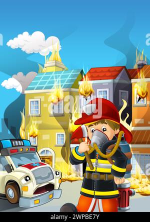 cartoon scene with fireman working near some ambulance and building is ...