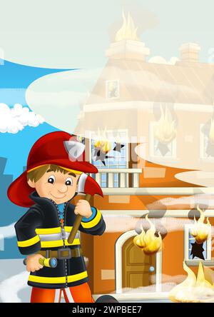 cartoon stage with fireman fire fighting near some building smoking ...