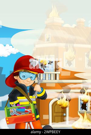 cartoon stage with fireman fire fighting near some building smoking ...