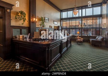 Front desk and lobby in the historic Geiser Grand Hotel, Baker City ...