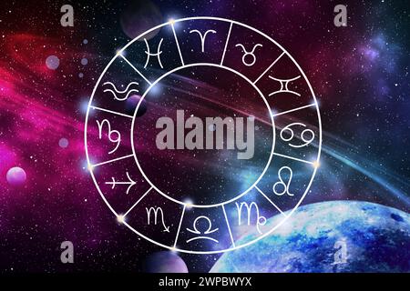 Zodiac wheel showing 12 signs against space Stock Photo - Alamy