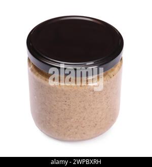Tasty nut paste in jar isolated on white Stock Photo - Alamy