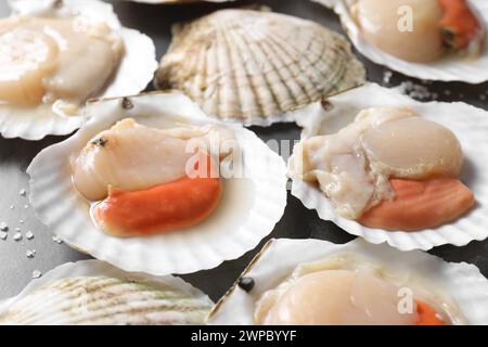 Fresh raw scallops on grey table. Seafood Stock Photo - Alamy
