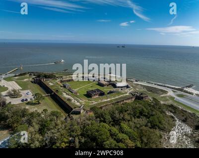 Aerial view Fort Gaines on Dauphin Island military installation with ...
