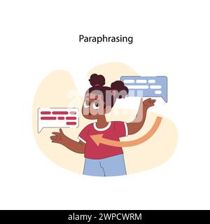 Paraphrasing concept. Young girl compares two messages, showcasing the ...