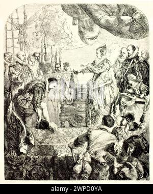 Illustration; Queen Elizabeth I knighting Francis Drake1585 Stock Photo ...