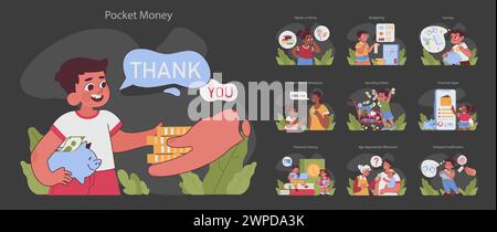 Pocket money set. Kids learning financial skills, from savings to ...