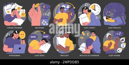 Insomnia dark or night mode set. Diverse characters suffering from ...