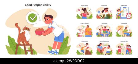 Child Responsibility concept. Teaching kids daily tasks, honest communication, and teamwork ...