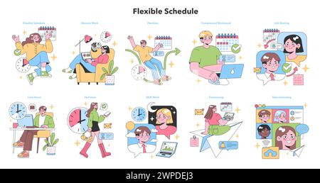 Flexible Schedule set. Professionals enjoying varied work routines. Remote work, compressed ...