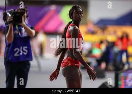 Fatima Diame (ESP, Long Jump) celebrates winning a bronze medal in the ...