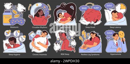 Insomnia set. Diverse characters suffering from sleep deprivation ...