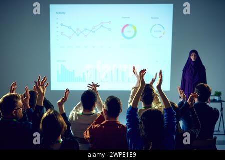 Corporate training session surrounded by data visualizations where man ...
