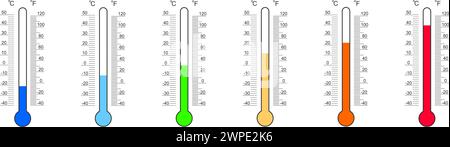 Set of thermometer readouts with Celsius degree scales and numbers from ...