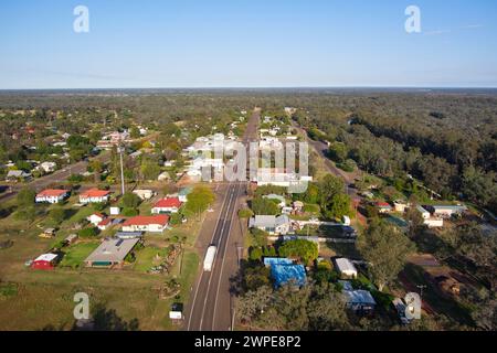 Aerial of the small village of Surat on the bakns of the Balonne River ...