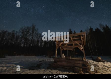 Night scene, landscape astrophoto, old well in the forest with a clear ...
