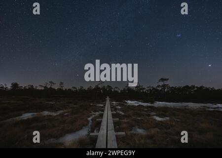 Night scene, landscape astrophoto at Seli raba, wooden path for ...