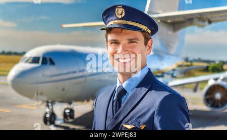 KI generiert, Ein attraktiver Pilot freut sich auf einen Flug mit ...