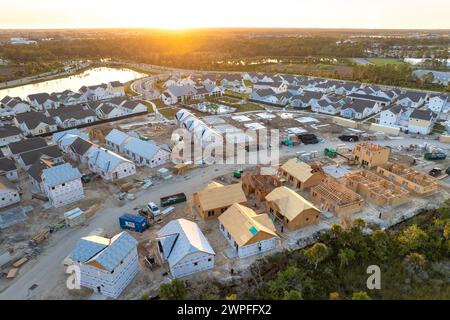 Wooden frames of new cheap American homes under construction ...