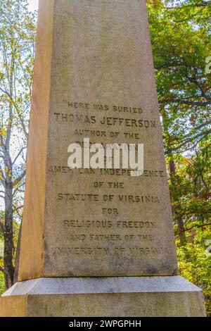 Thomas Jefferson's grave site at Monticello, home of Thomas Jefferson. Inscription reads "Here ...