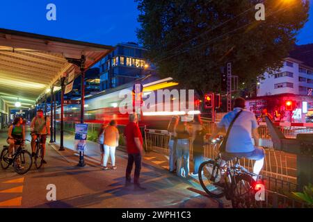 railway station Bregenz Hafen, S-Bahn train of ÖBB, railway crossing ...