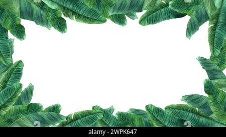 Watercolor rectangular frame with banana tree leaves and fruits ...
