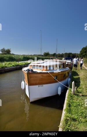 Norfolk Broads with hire boats moored to the bank with a day boat going ...