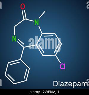 Diazepam drug molecule. It is long-acting benzodiazepine, used to treat ...