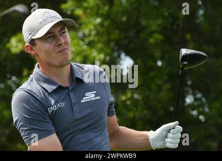 Matt Fitzpatrick, of England, watches his tee shot on the fourth hole ...