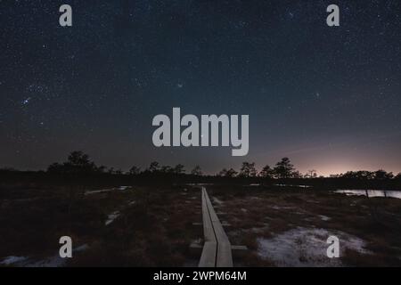 Night scene, landscape astrophoto at Seli raba, wooden path for ...
