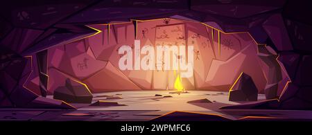 Prehistoric cave with bonfire and drawings on wall. Vector cartoon ...