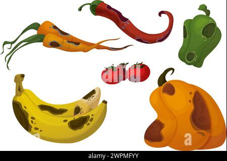 Rotten food with rot and mold. Cartoon vector illustration set of dirty ...