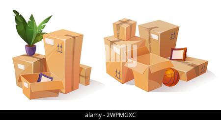 Cardboard box piles with house stuff for move to new home, garage sale ...