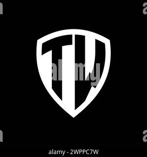 TW Letter bold monogram with shield and crown outline shape with black and white color design ...