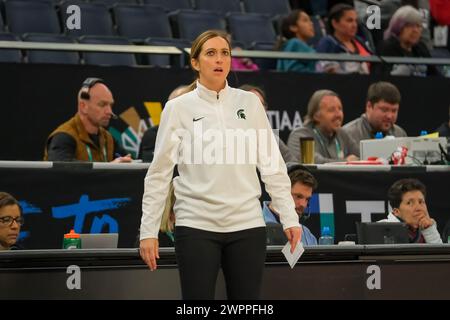 Michigan State head coach Robyn Fralick speaks with an official during ...