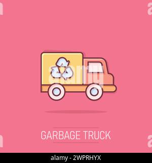 Garbage truck icon in comic style. Recycle cartoon vector illustration ...