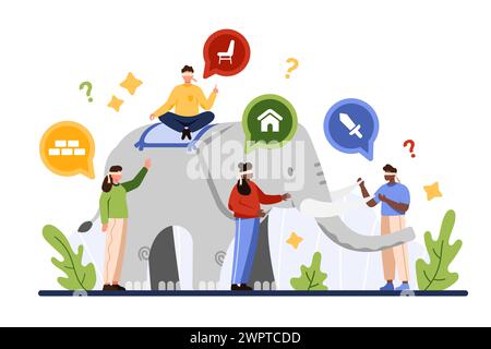 Different perception and viewpoint metaphor, parable story. Tiny blind ...