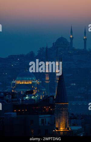 Illuminated spires of New, Suleymaniye Mosque and Fatih mosques in the ...
