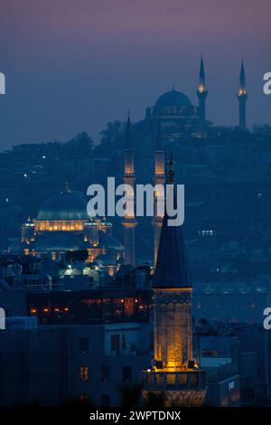Illuminated spires of New, Suleymaniye Mosque and Fatih mosques in the ...