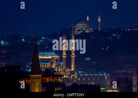 Illuminated spires of New, Suleymaniye Mosque and Fatih mosques in the ...