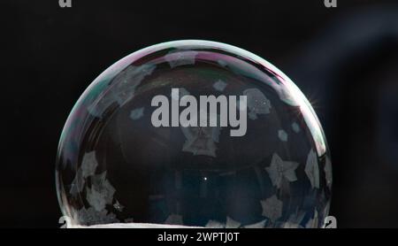 Winter collage. A transparent soap bubble freezing in the cold on a ...