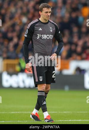Wolverhampton, UK. 09th Mar, 2024. Timothy Castagne of Fulham speaks ...