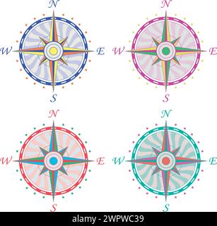 Compass red, blue, green and pink vector icon set. Web icons. Flat ...