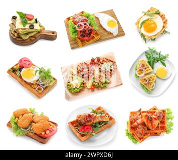 Collage of tasty salted waffles on white background, top view Stock ...