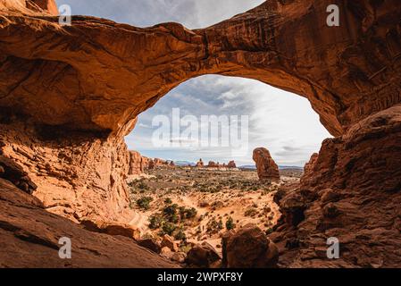 View from inside Double Arch in Arches National Park Utah Stock Photo ...