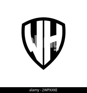 WH Letter Logo monogram bold shield geometric shape with crown outline black and white style ...