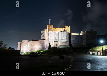 Dover castle at night, the main gate in the curtain wall surrounding ...